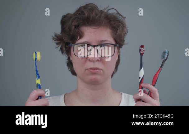 Toothless funny woman. Cute female smiling extensively with toothbrush ...