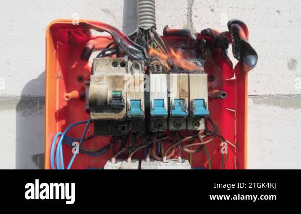 Burning switchboard from overload or short circuit on wall. Circuit ...