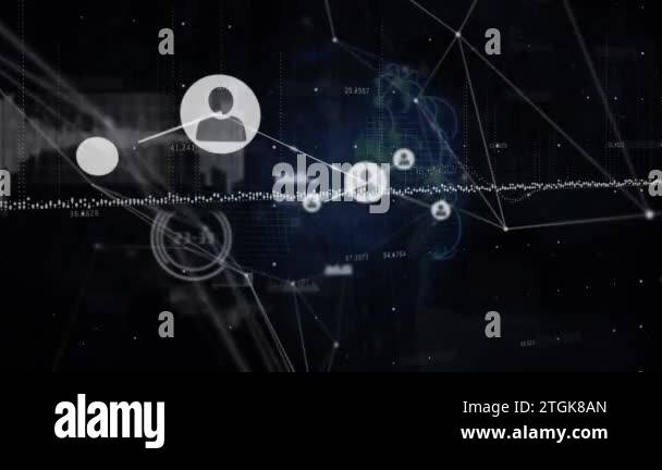 Animation of connected icons, graphs, numbers over globe against black background. Digitally ...