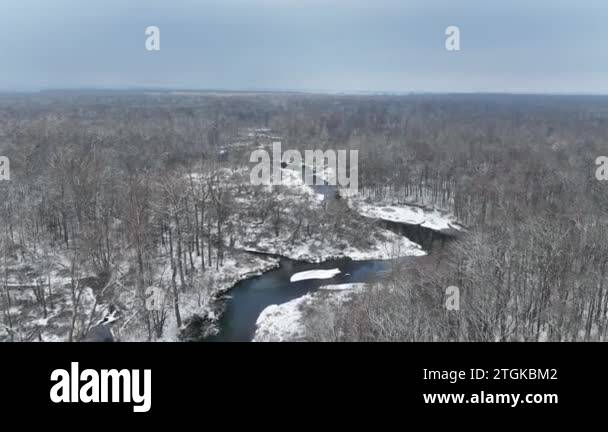 River delta floodplain winter snow meander drone aerial inland video ...