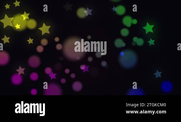 Animation of flickering multicoloured stars and spots moving on black ...