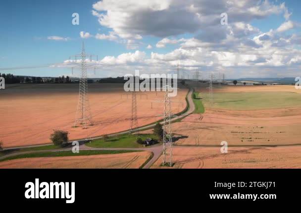 High voltage electric towers at sunny summer day. Transmission power ...