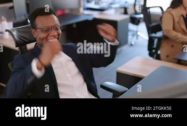 Businessman with celebration, yes and success with winner, target goal ...