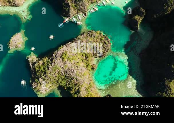 Aerial drone lagoons and coves with blue water among the rocks. lagoon ...