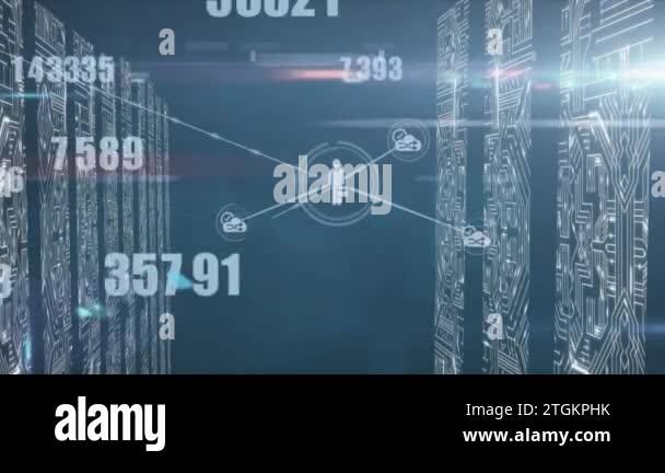 Multiple changing numbers and network of digital icons over screens with microprocessor ...