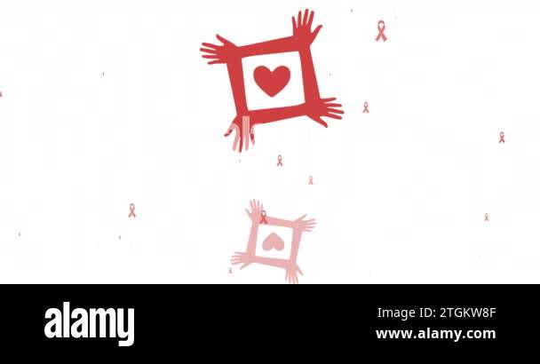 Animation of hands with heart and cancer ribbons icons over white ...