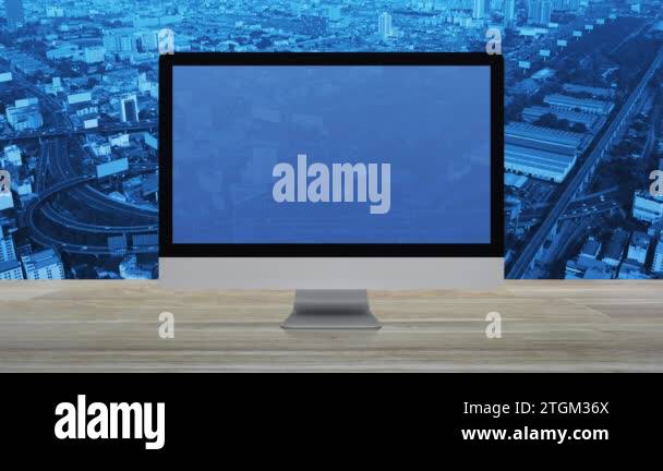 Padlock flat icon on desktop modern computer monitor screen on wooden ...