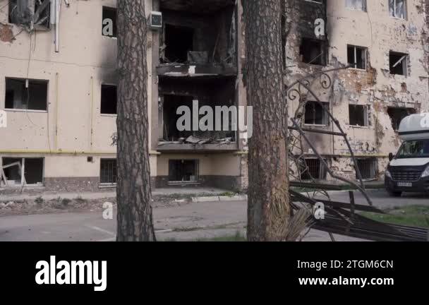Bucha, Ukraine - 05 15 2022: Close up of destroyed urban building ...