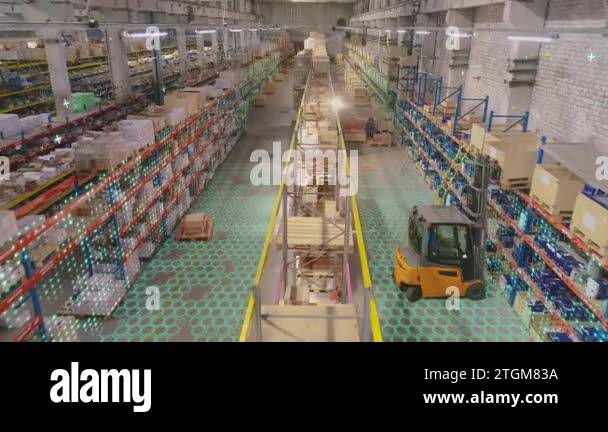 Modern forklift in a warehouse. Visualization of modern technologies. Forklift in a large modern ...