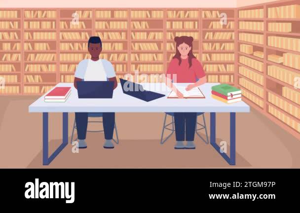 Animated students study in library. Learning on campus. Pupils with ...