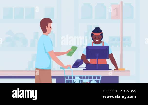 Animated payment at checkout. Cashier at cash register. Buying goods ...