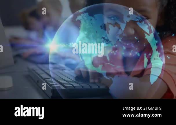 Animation of globe over diverse schoolchildren using computers in ...
