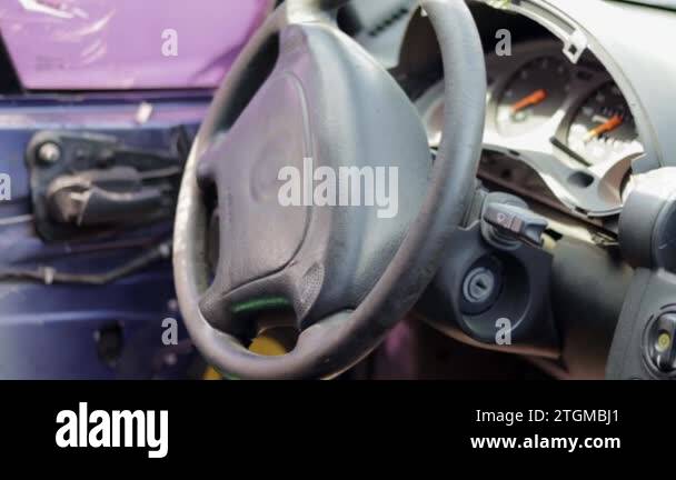 Close-up of the steering wheel of a car after an accident. The drivers ...