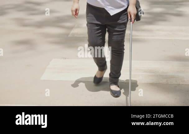 Woman with blindness disability crossing street walking on crosswalk ...