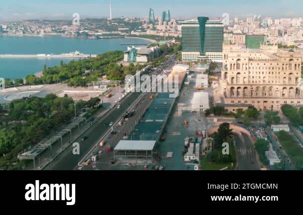 Azerbaijan, Baku - May 2018: Baku City timelapse with flame towers and ...