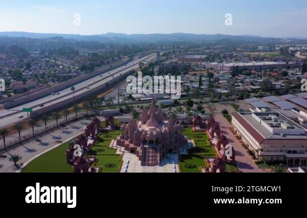 An aerial view of the BAPS Shri Swaminarayan Mandir Hindu temple in ...