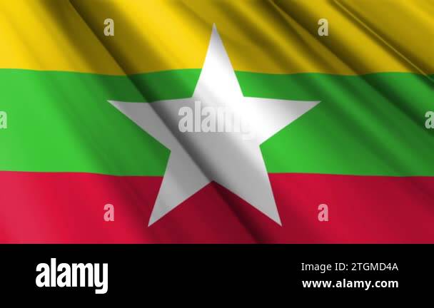 Close up realistic texture textile silk satin flag of Myanmar waving ...