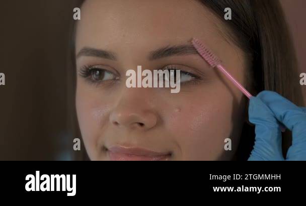 Close Up Beauty Artist Combs Eyebrow to Young Woman, Process of ...