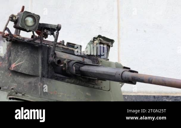 War in Ukraine. Destroyed tank with torn off turret. Broken and burned ...