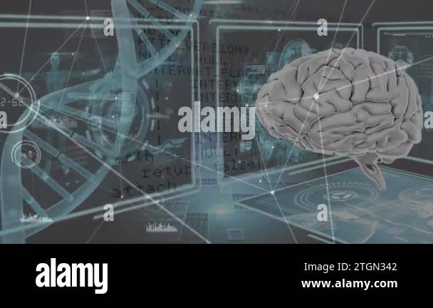 Animation of scientific data, dna, brain and connections over black ...