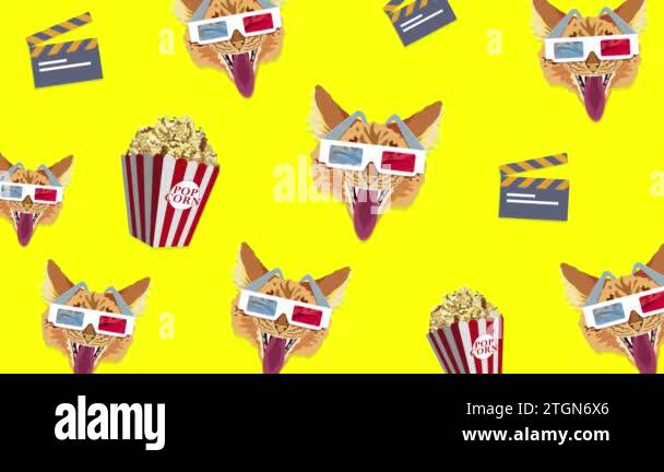 Blinking cat faces in 3D glasses on a bright background. Looped ...