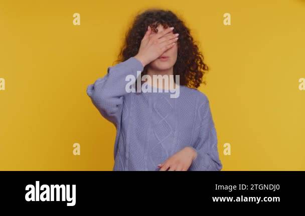 Dont want to look at ther, awful. Shocked millennial woman closing eyes ...