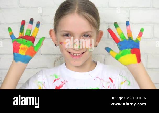 Kid Playing Painted Hands, Child Looking in Camera, Smiling School ...