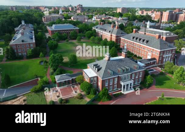 Campus of Johns Hopkins University in summer golden hour light ...