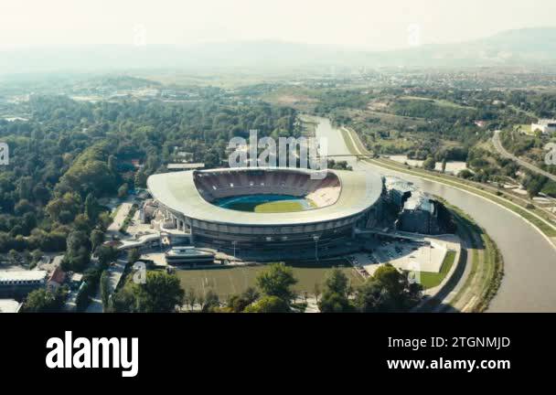 Drone video of the Todor Proeski National Arena stadium in Skopje where ...