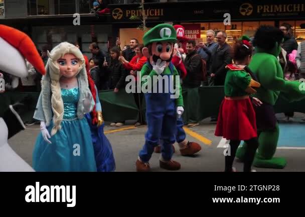 Disney characters parade. Super Mario, Frozen, Shrek toys. Calpe, 07.01 ...