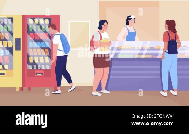 Animated high school cafeteria. Food service. Lunch program. Students ...