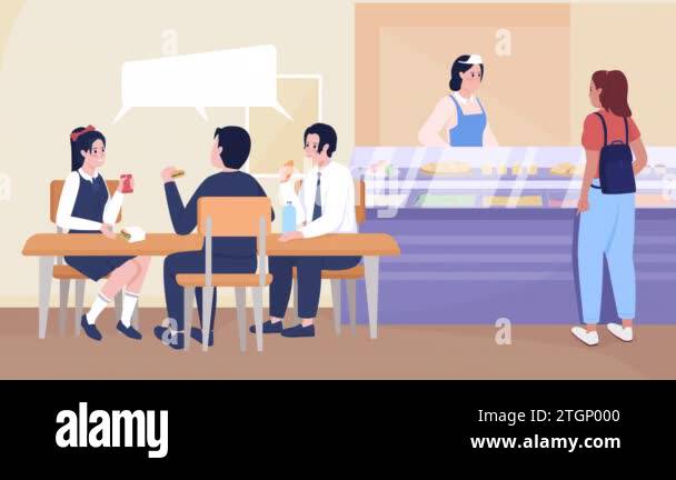 Animated eating in school canteen. Lunch break. Having conversation with friends. Looped flat ...