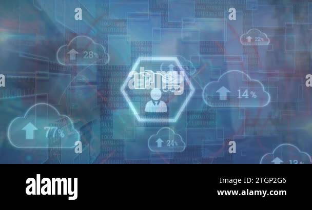 Animation of scope scanning and cloud icons data processing over computer circuit board. Global ...
