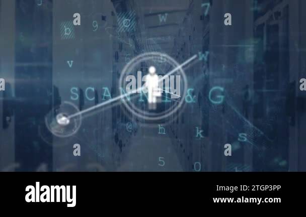 Animation of connected icons and padlock over texts, numbers, letters, symbols on server room ...