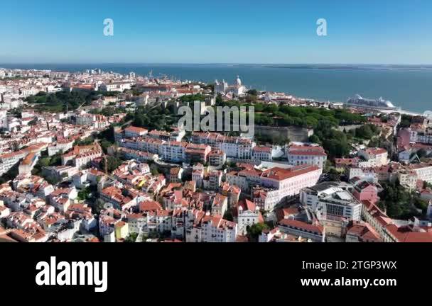 Lisbon City Downtown and Castle, Portugal. Drone Point of View ...