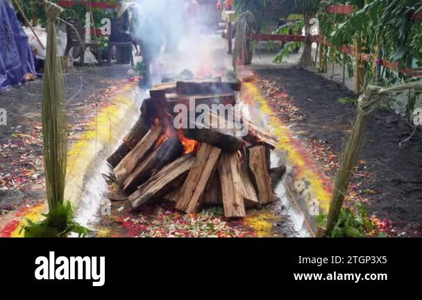 Select focus fire wood is burn used for fire walking ceremony at Hindu ...