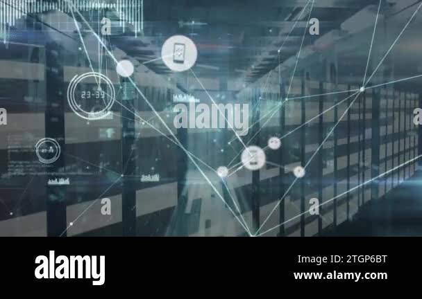 Animation of connected icons, loading circles, graphs, soundwaves and lens flare on server room ...