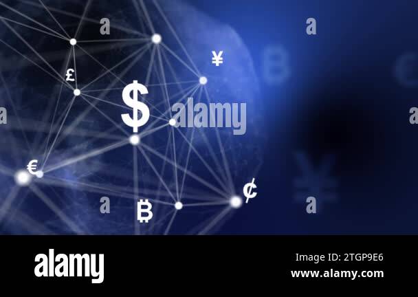 3D animation of money symbols of different countries on a blue ...