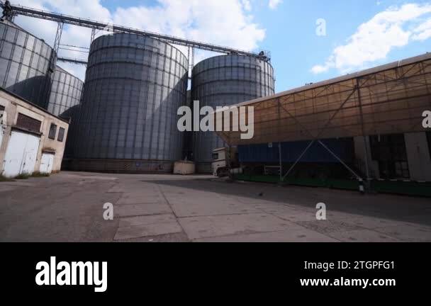 Grain lorry arrives to grain elevator terminal. Dump truck drives over ...