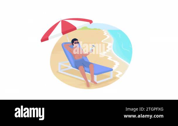 Animated man sunbathing on beach. Summer leisure. Looped flat 2D ...