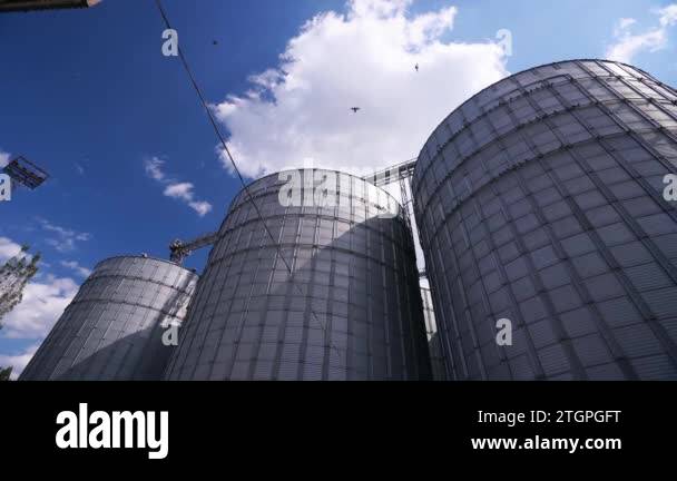 Modern grain elevator terminal in sea port. Metal tanks and conveyors ...