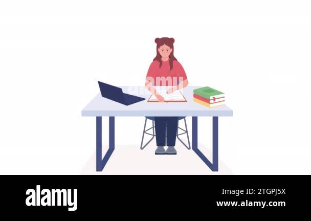 Animated schoolgirl doing homework. Laptop in classroom. Full body flat ...