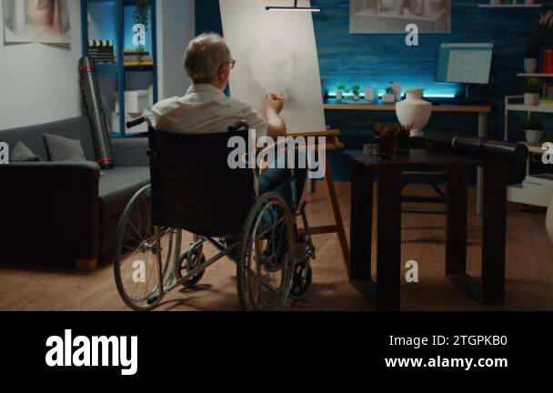 Senior man with disability drawing sketch of vase inspiration, using ...