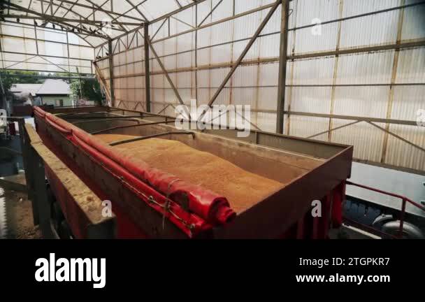 Grain lorry arrives to a grain elevator terminal. Dump truck drive over ...