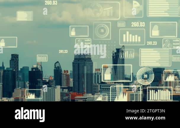 Business data analytic interface fly over smart city showing alteration future of business ...