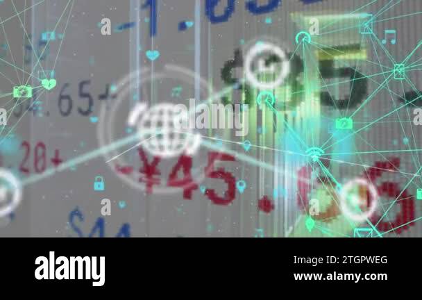 Animation of connected icons forming globes and trading board over multiple moving icons ...