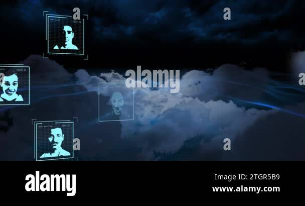 Animation of data processing with diverse people portraits over sky ...