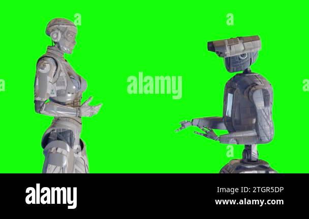 two talking cyborg robots concept of the technical progress and robotics machine learning render ...