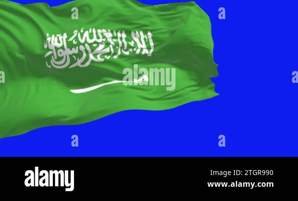 Saudi Arabia national flag waving isolated on a blue background. Green ...