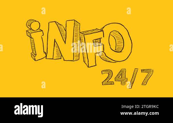 Lettering INFO 24-7 drawn on a yellow background. Info center ...